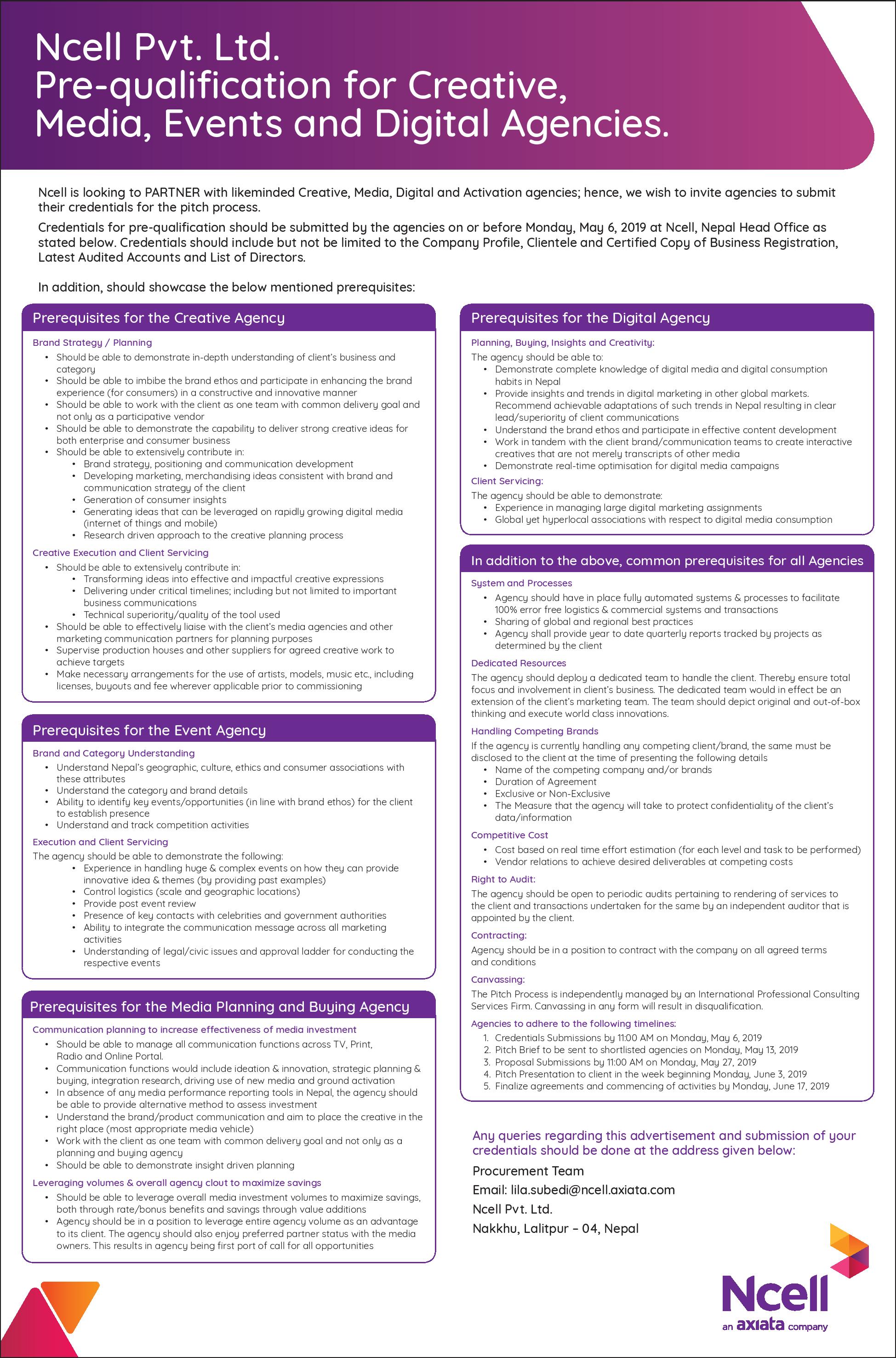 Ncell Pvt. Ltd. Pre-qualification for Creative, Media, Events and ...